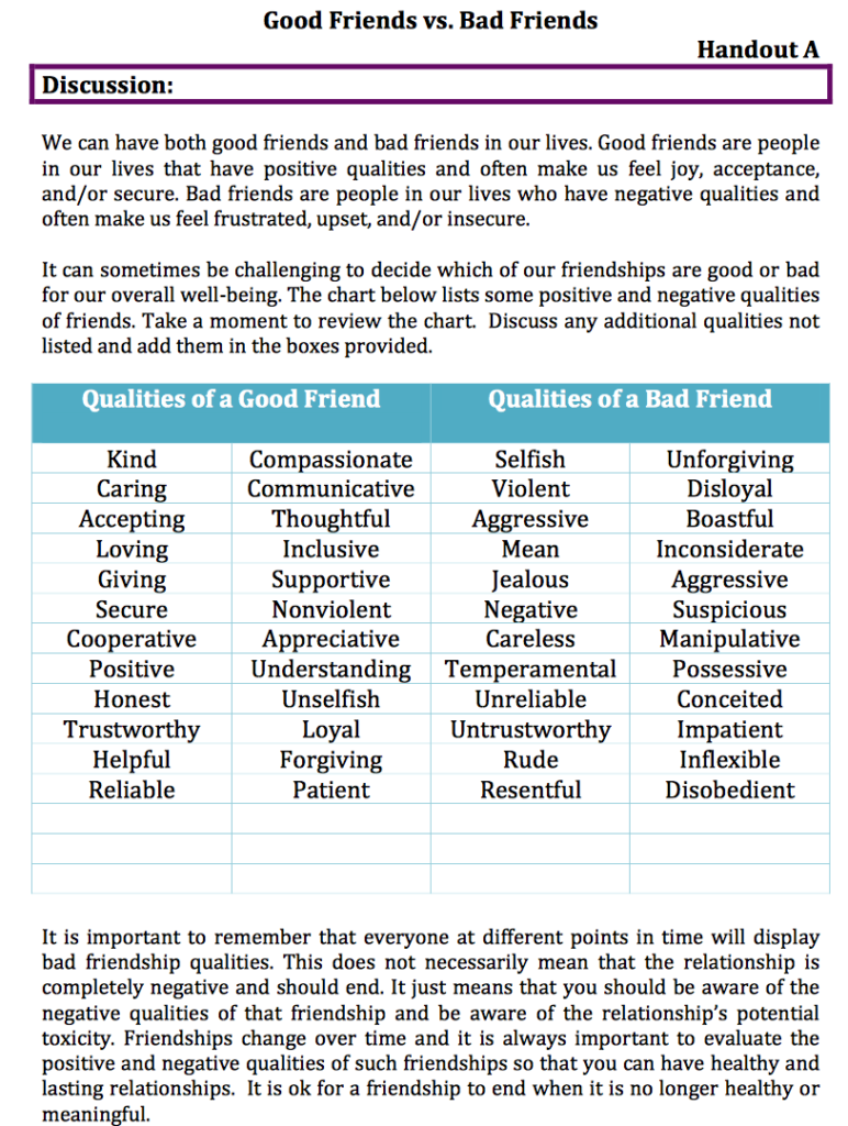 Good Friend vs. Bad Friend – Hub For Helpers